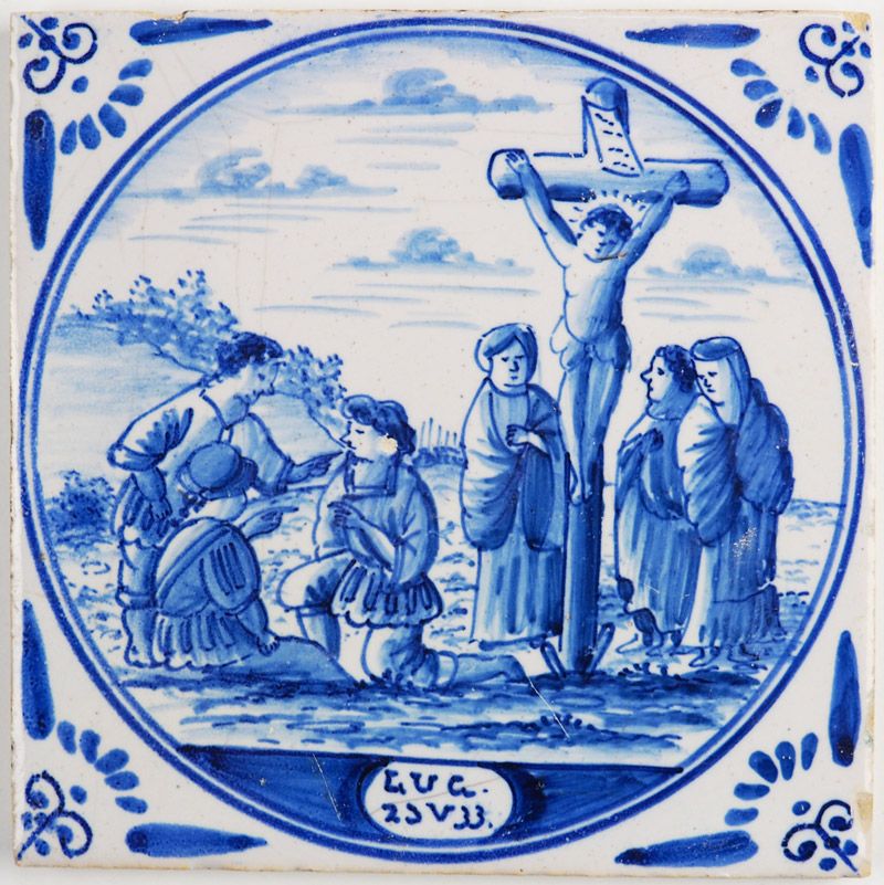 Antique Delft tile in blue depicting the crucifixtion of Jesus Christ ...