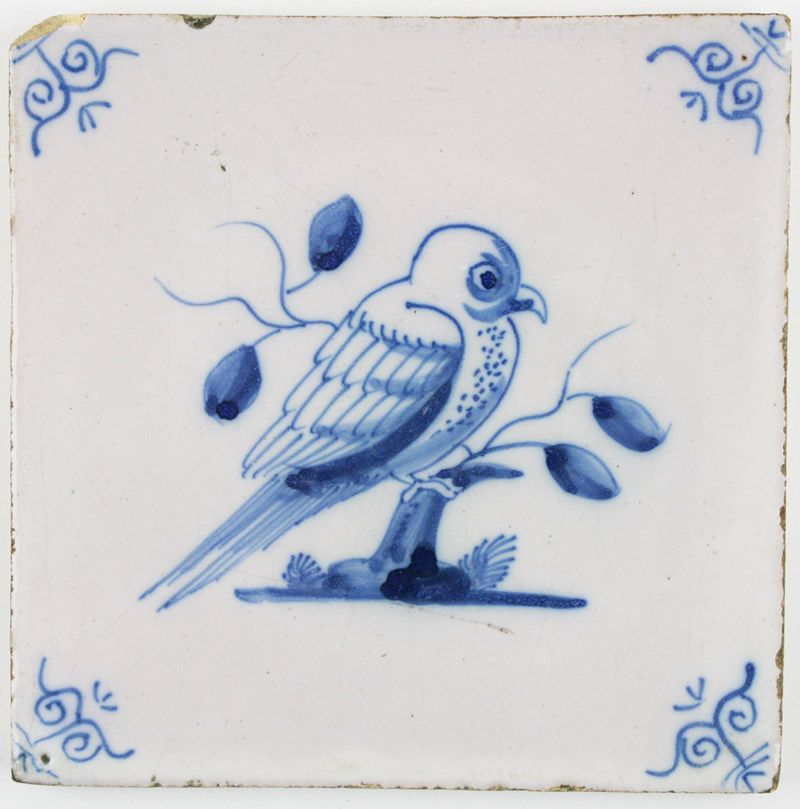 Antique Delft tile in blue with a pigeon, 18th century