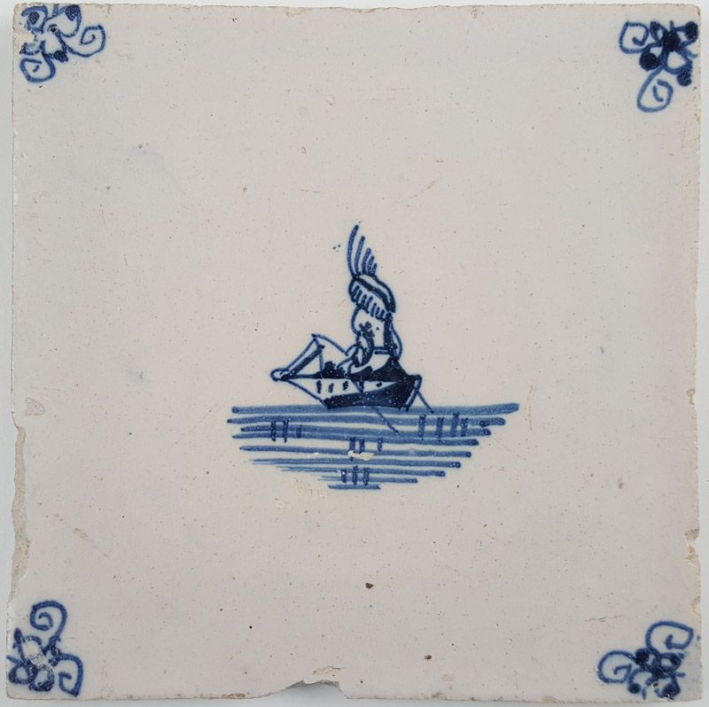 Antique Delft tile with a figure in a rowing boat, 19th century