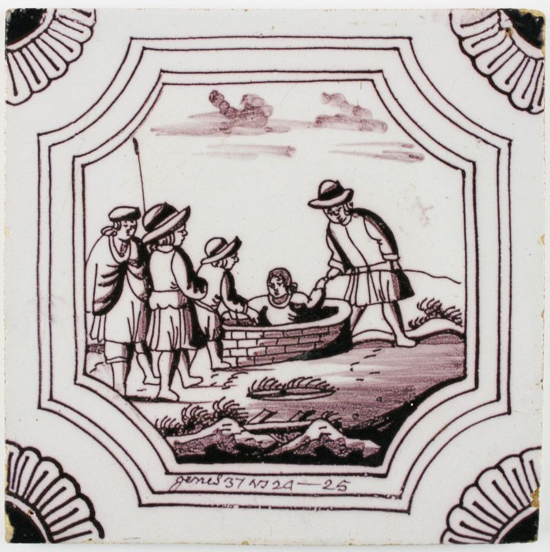 Antique Delft tile with Joseph thrown into the pit - Genesis 37 verse ...