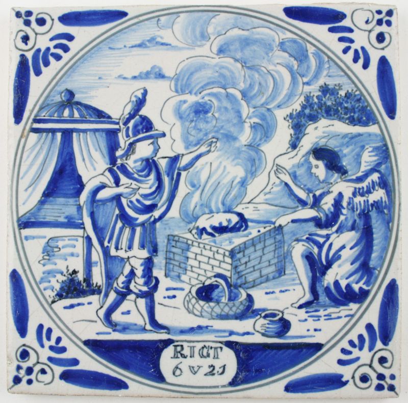 Antique Dutch Delft tile depicting Bible scene Judges 6 v 21, 19th century