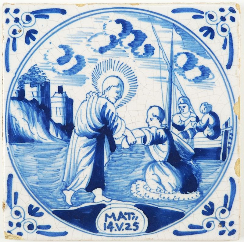 Antique Delft biblical tile with Jesus walking on water - Matthew 14 ...