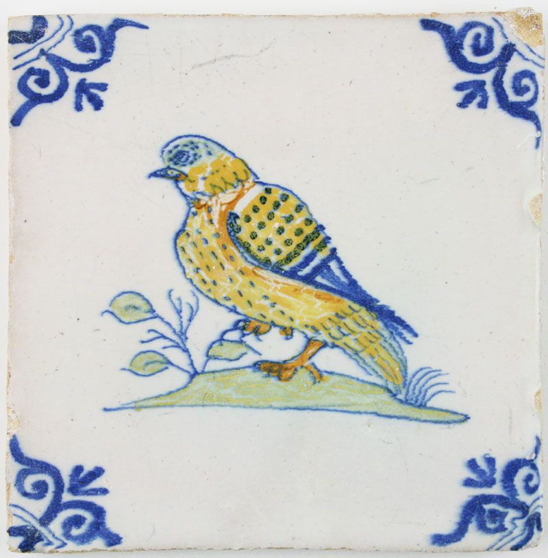 Antique Dutch Delft polychrome wall tile with a large pigeon, 17th century