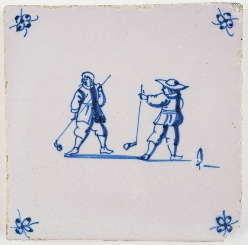 Antique Delft tile with two children playing a game of kolf, 18th century