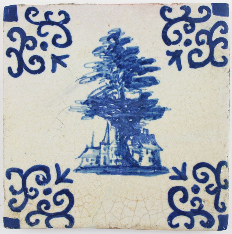 Rare antique Dutch Delft tile in blue with a village and large tree ...