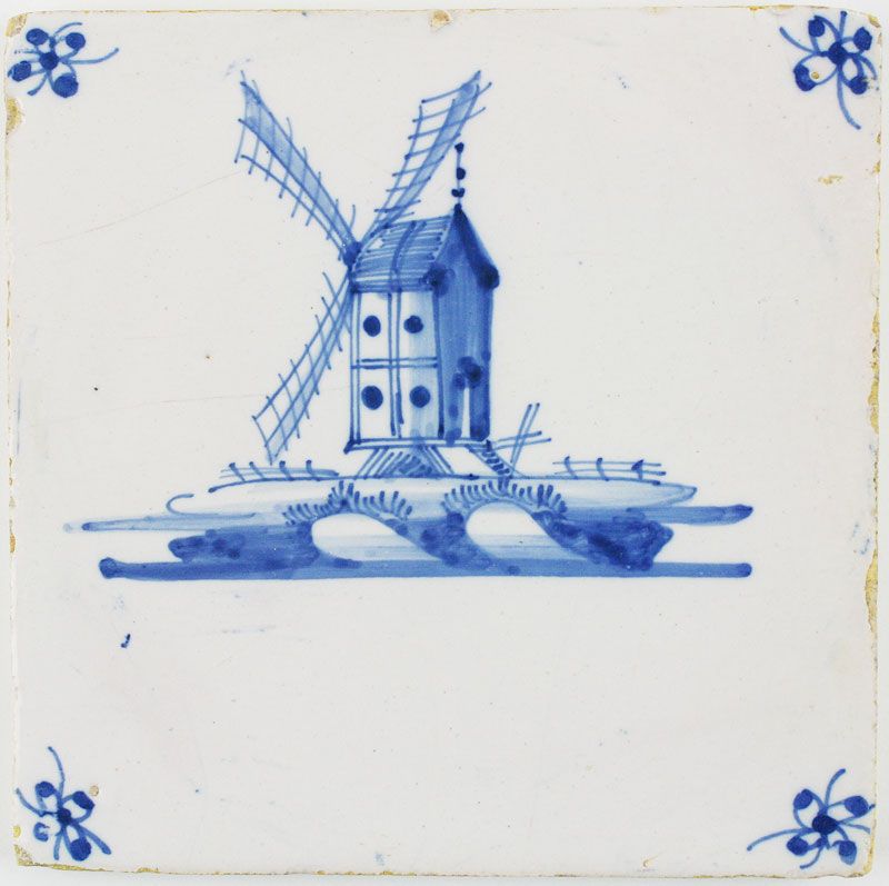 Antique Dutch Delft tile with a windmill in blue, 17th century