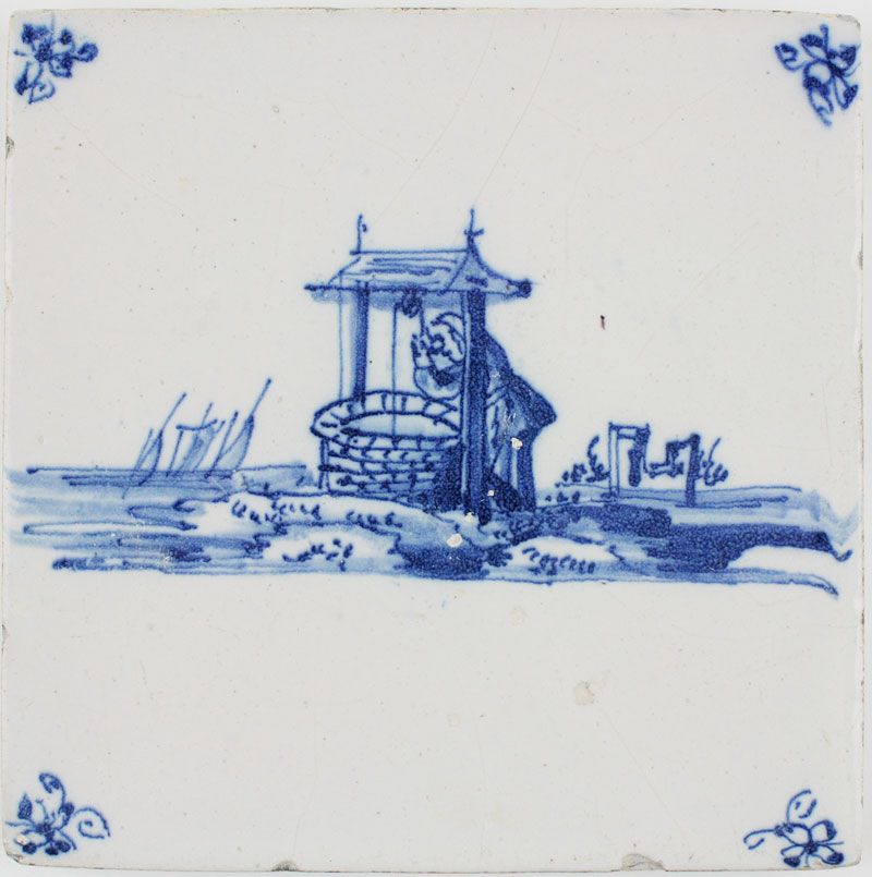 Antique Dutch Delft tile in blue with a woman lifting water from a well ...
