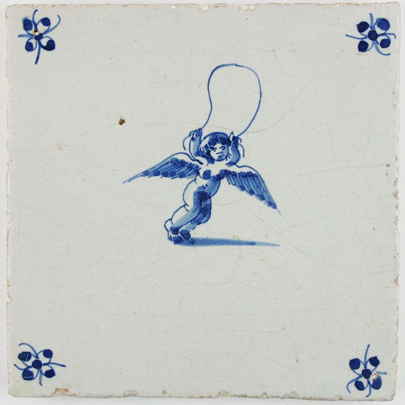 Antique Dutch Delft tile with Cupid with a jumping rope, 17th century