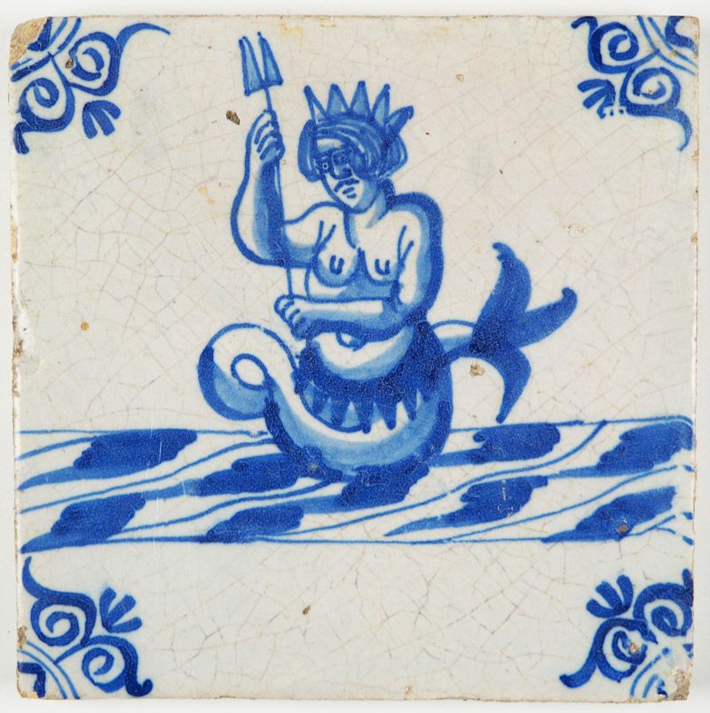 Antique Dutch Delft tile with a crowned mermaid, 17th century