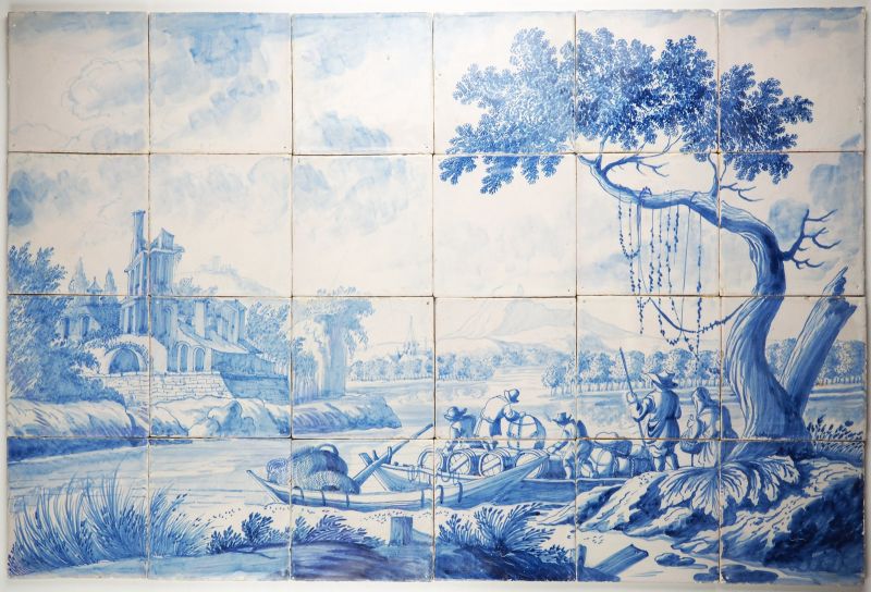 Antique Dutch Delft tile mural with a landscape scene in blue ...