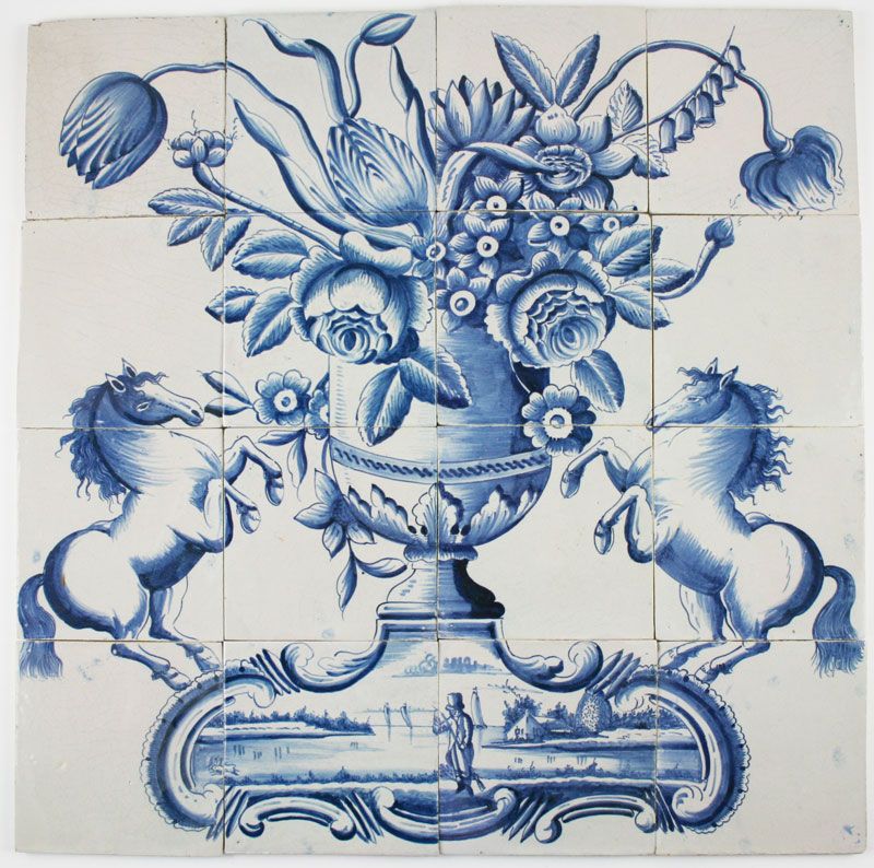Antique Dutch Delft tile mural with a flower vase and prancing horses ...