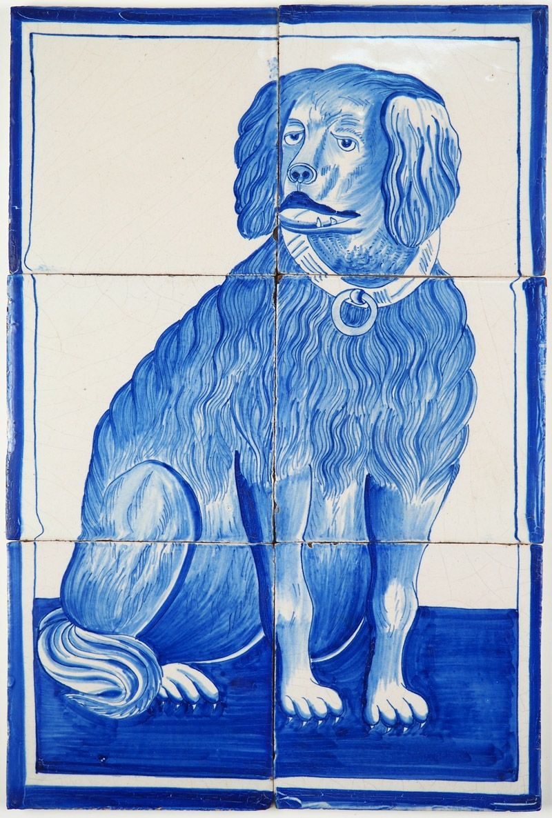 Antique Delft tile mural with a barge dog in blue, 19th century