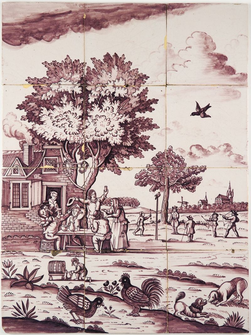 Antique Delft tile mural with a tavern scene, playing children and ...