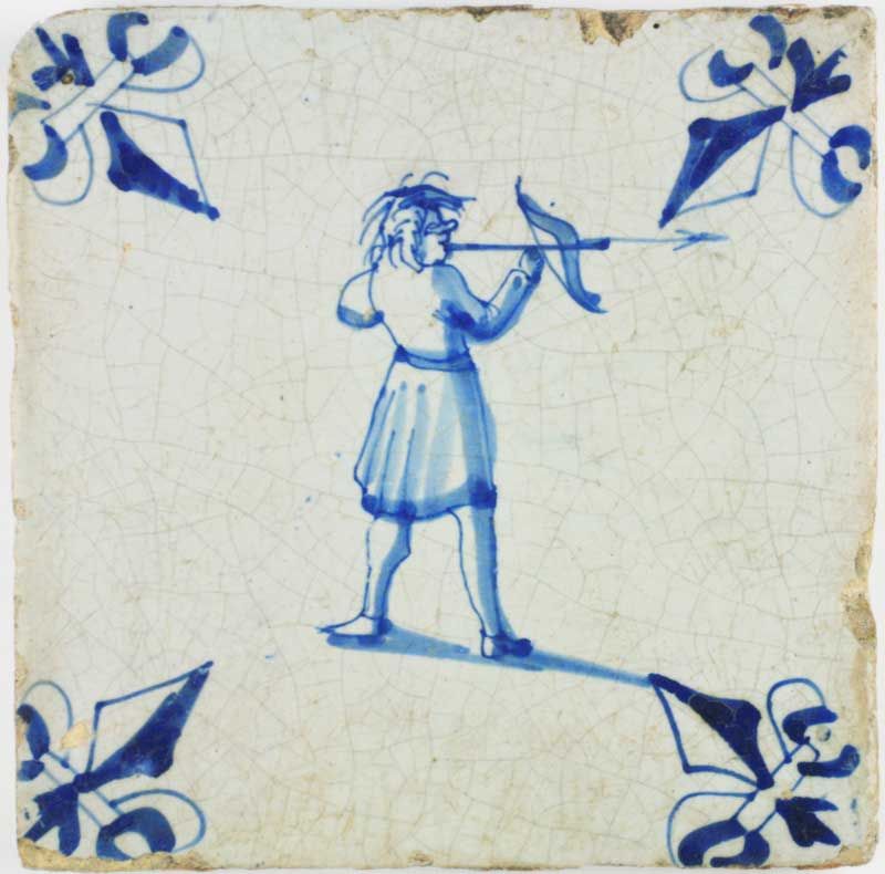 Antique Dutch Delft tile with an archer shooting a crossbow, 17th century