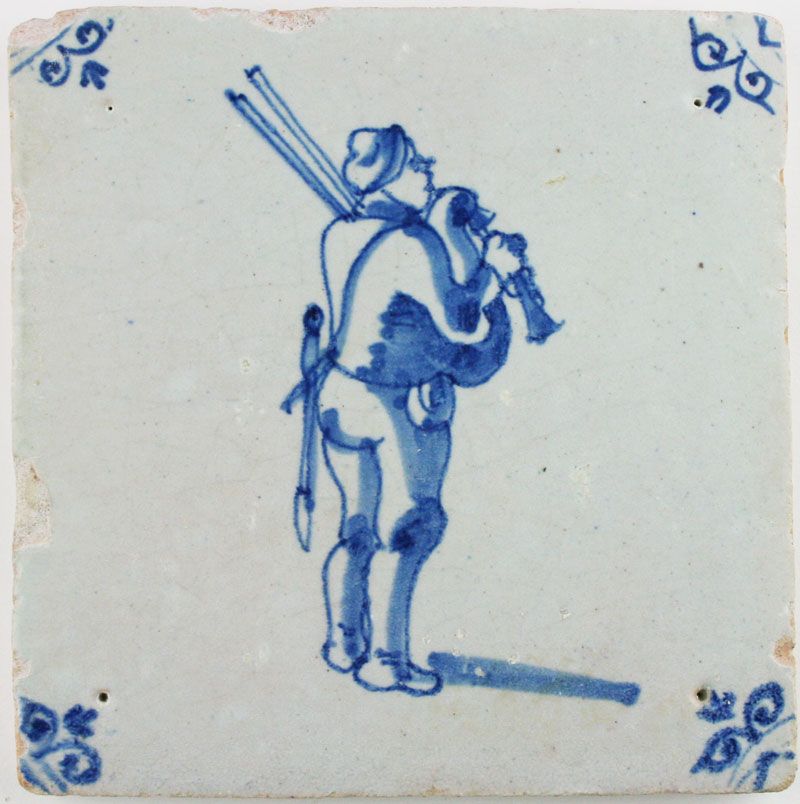 Antique Dutch Delft with a bagpipe player (musician), 17th century