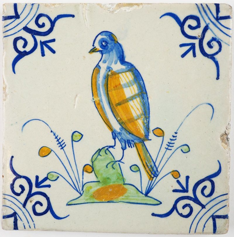 Antique Delft tile with a beautiful polychrome pigeon, 17th century