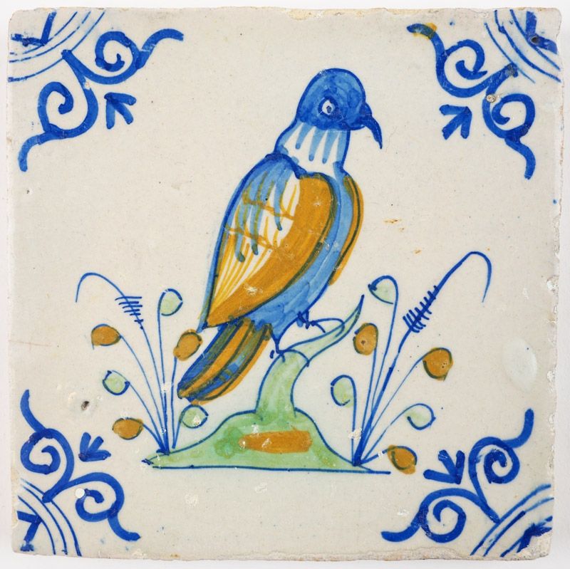 Antique Delft tile with a beautiful polychrome pigeon, 17th century