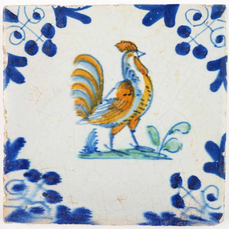 Antique Delft tile with a confident looking polychrome rooster, 17th ...