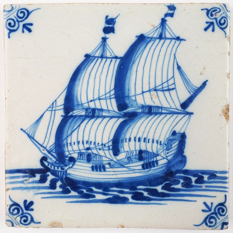 Antique Delft tile with a tall ship under sail, 17th century