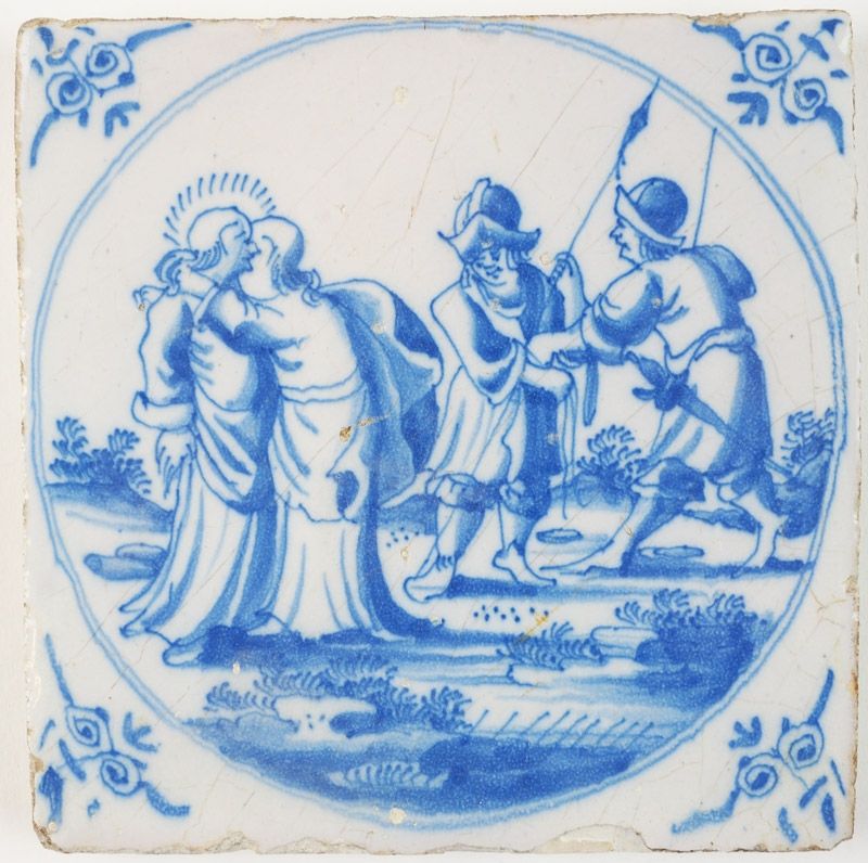 Antique Delft biblical tile with Judah kissing and betraying Jesus ...