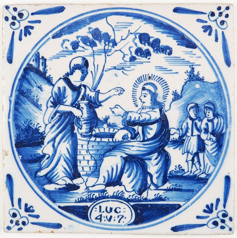 Antique Delft biblical tile depicting Jesus and the Samaritan woman ...