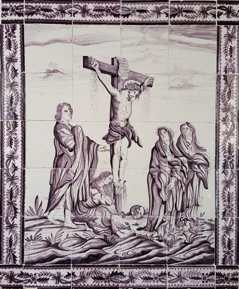 Antique Dutch tile mural with the crucifixion of Jesus, 18th century