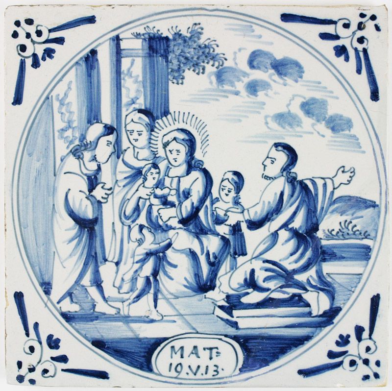 Antique Dutch Delft biblical tile with Jesus and the children, 18th century