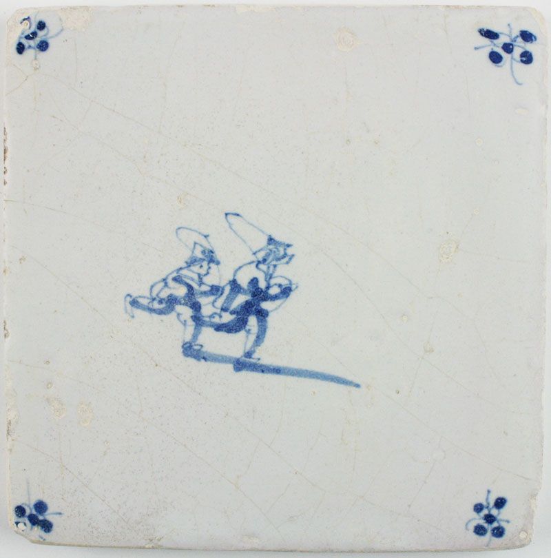 Antique Dutch Delft tile with two children playing with jumping ropes ...