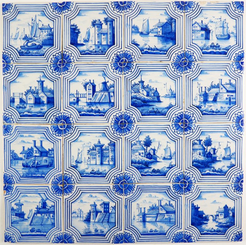Antique Dutch Delft wall tiles in blue with maritime and landscape ...