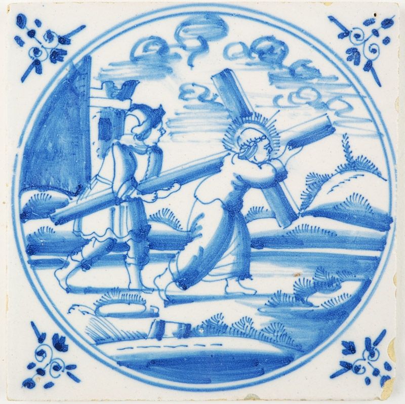 Antique Delft tile depicting Jesus carrying his cross, 18th century