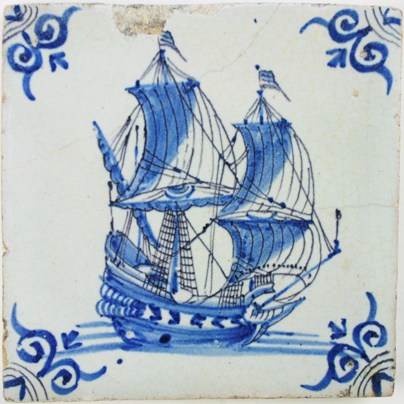 Dutch Delft tile depicting a sailing ship, 17th century
