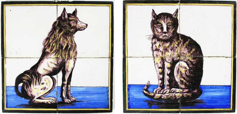 Two antique Dutch Delft tile murals with a Barge dog and a cat, 19th ...
