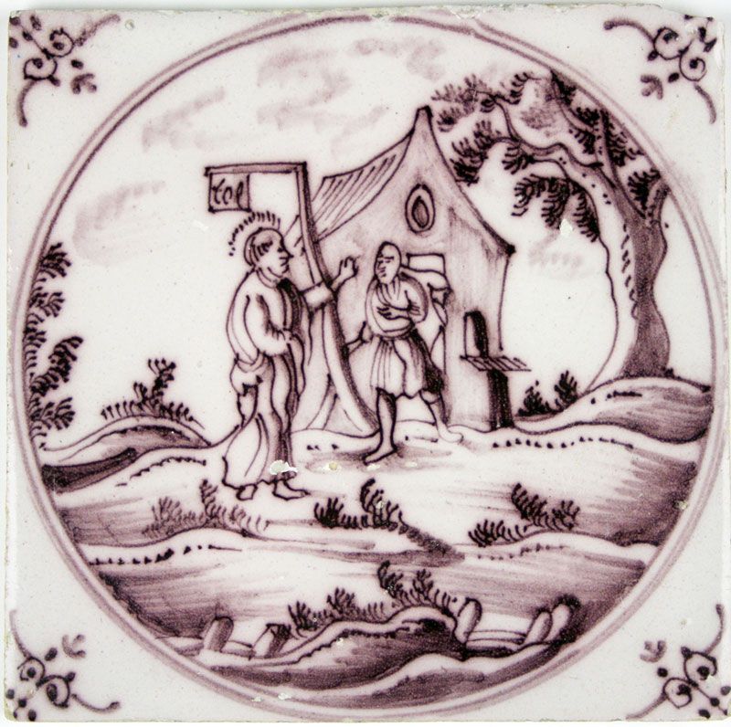 Dutch Delft tile depicting Jesus and Zacchaeus, 18th century