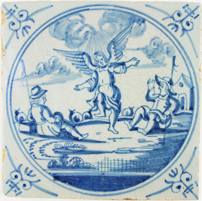 Dutch Delft tile depicting the birth of Jesus proclaimed by angels to ...