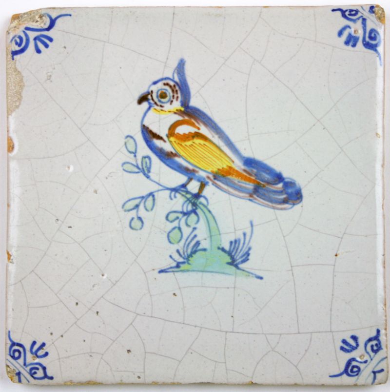 Polychrome Delft tile with a pigeon, 17th century
