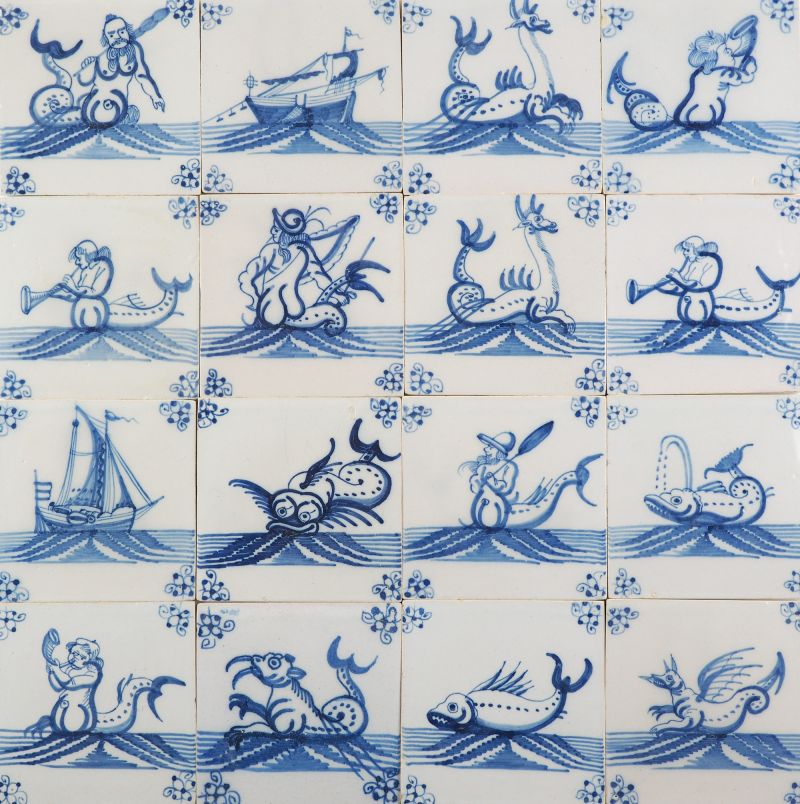 Extremely large set of antique Delft wall tiles with mermaids, sea ...