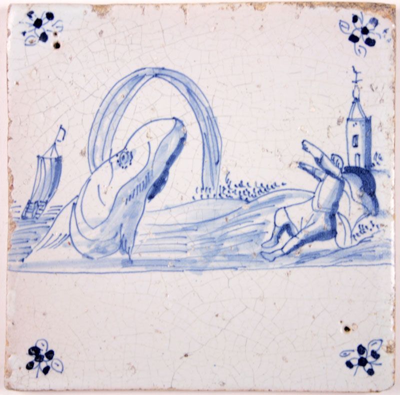 Antique Dutch tile showing the whale vomiting Jonah on dry land, 17th ...