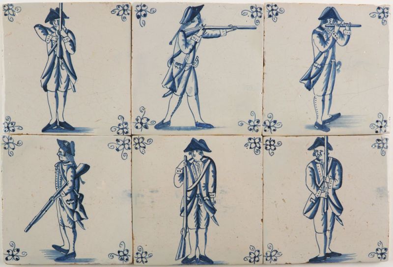 Set of six early 19th century Delft tiles depicting soldiers in uniform ...