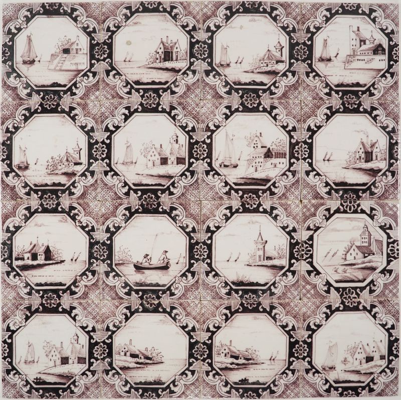 Antique Delft wall tiles in manganese with various landscape scenes ...