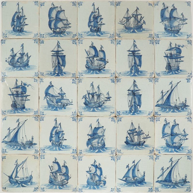 Antique Dutch Delft wall tiles in blue with ships, 17th century