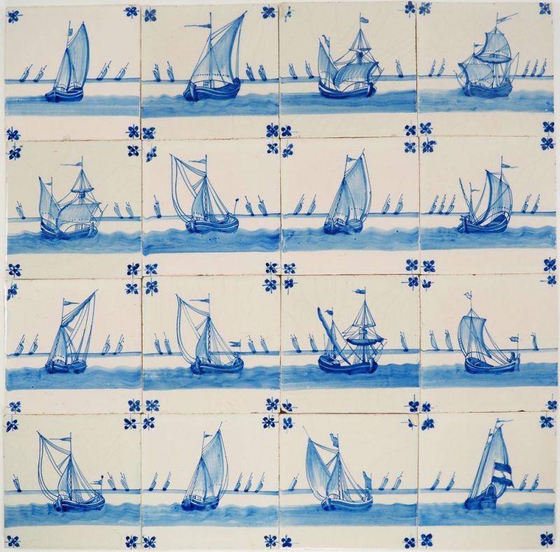 Antique Delft Ship Tiles with Spider Corner Motif – Late 19th Century