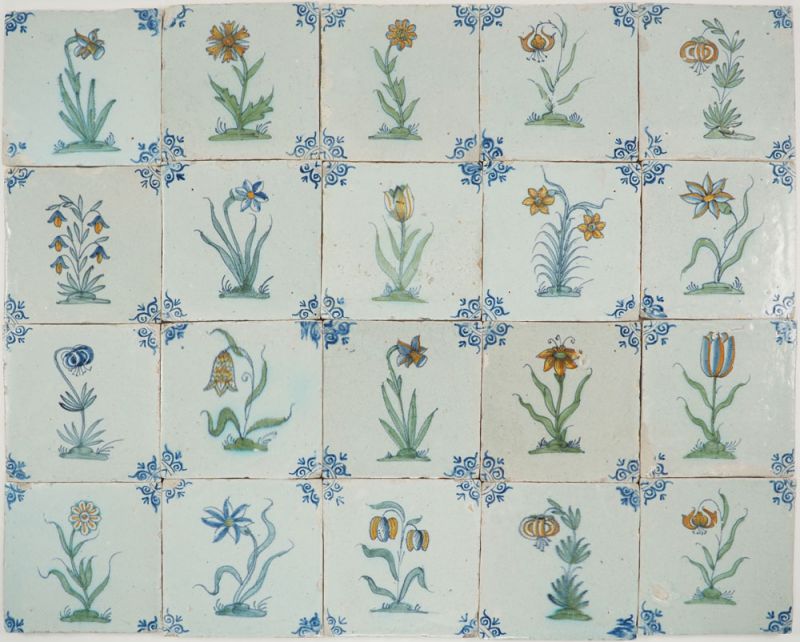 17th-Century Delft Flower Tiles | Polychrome Set of 20 (c. 1640, Rotterdam)