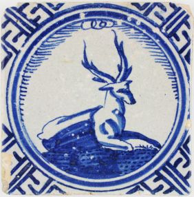 Antique Delft tile with a colored stag, 17th century