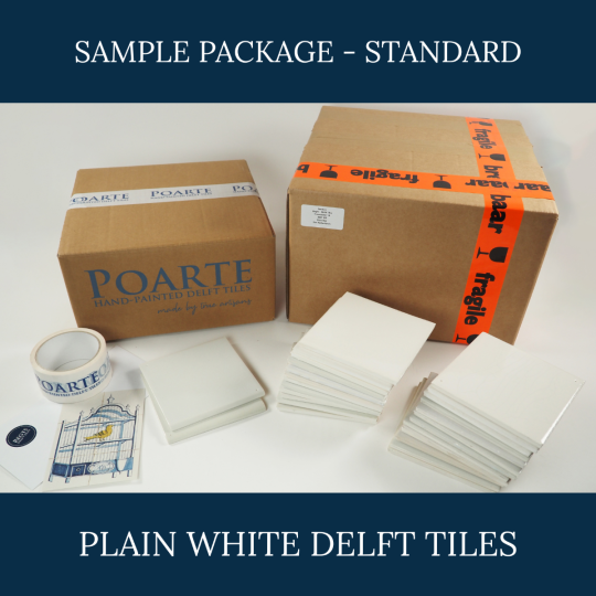 Standard sample package of plain white Delft tiles by Poarte